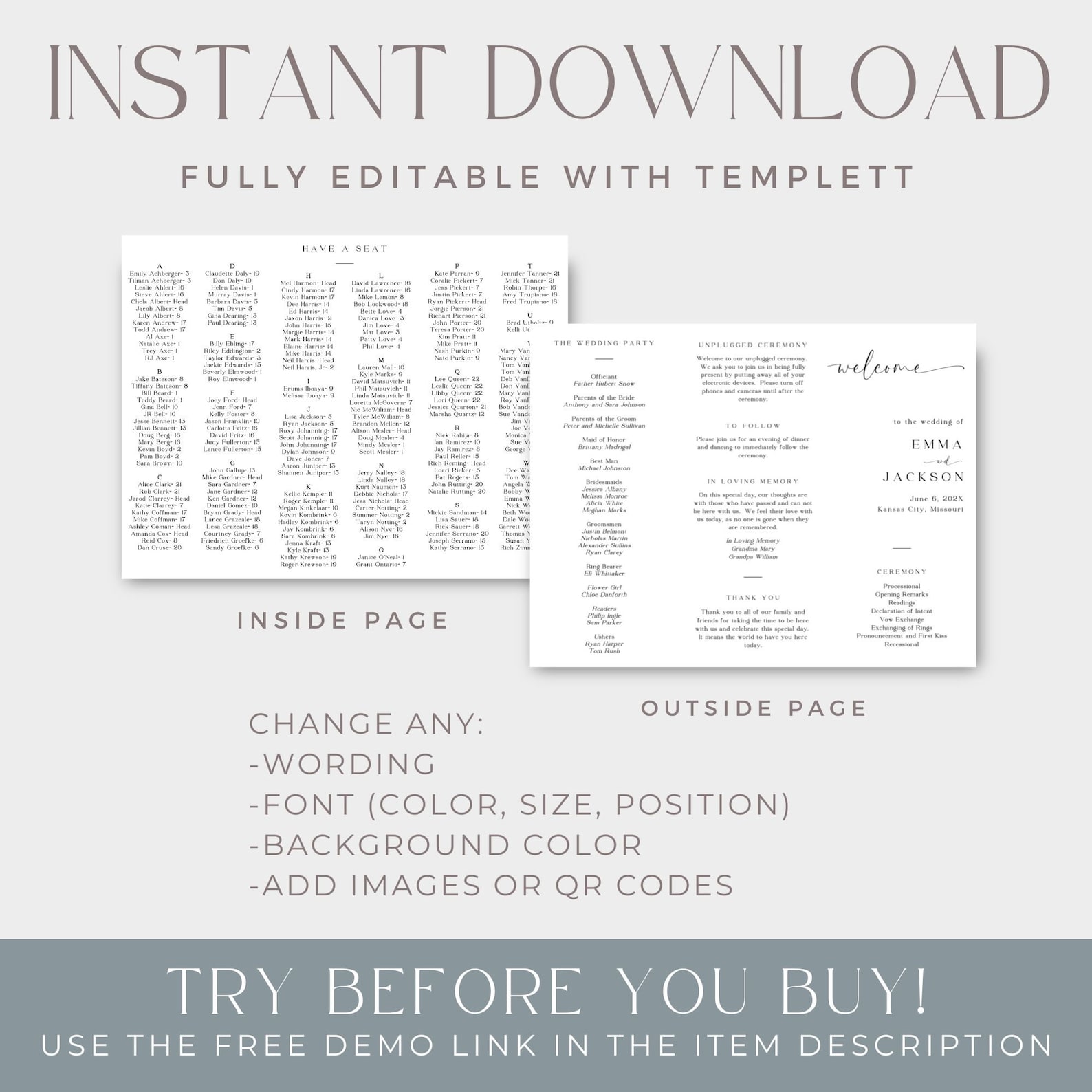 Tri Fold Wedding Program Template, Seating Chart by Alphabet, Program ...