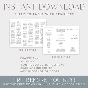 Tri Fold Wedding Program Template, Seating Chart by Alphabet, Program With Seating Chart, Simple ...