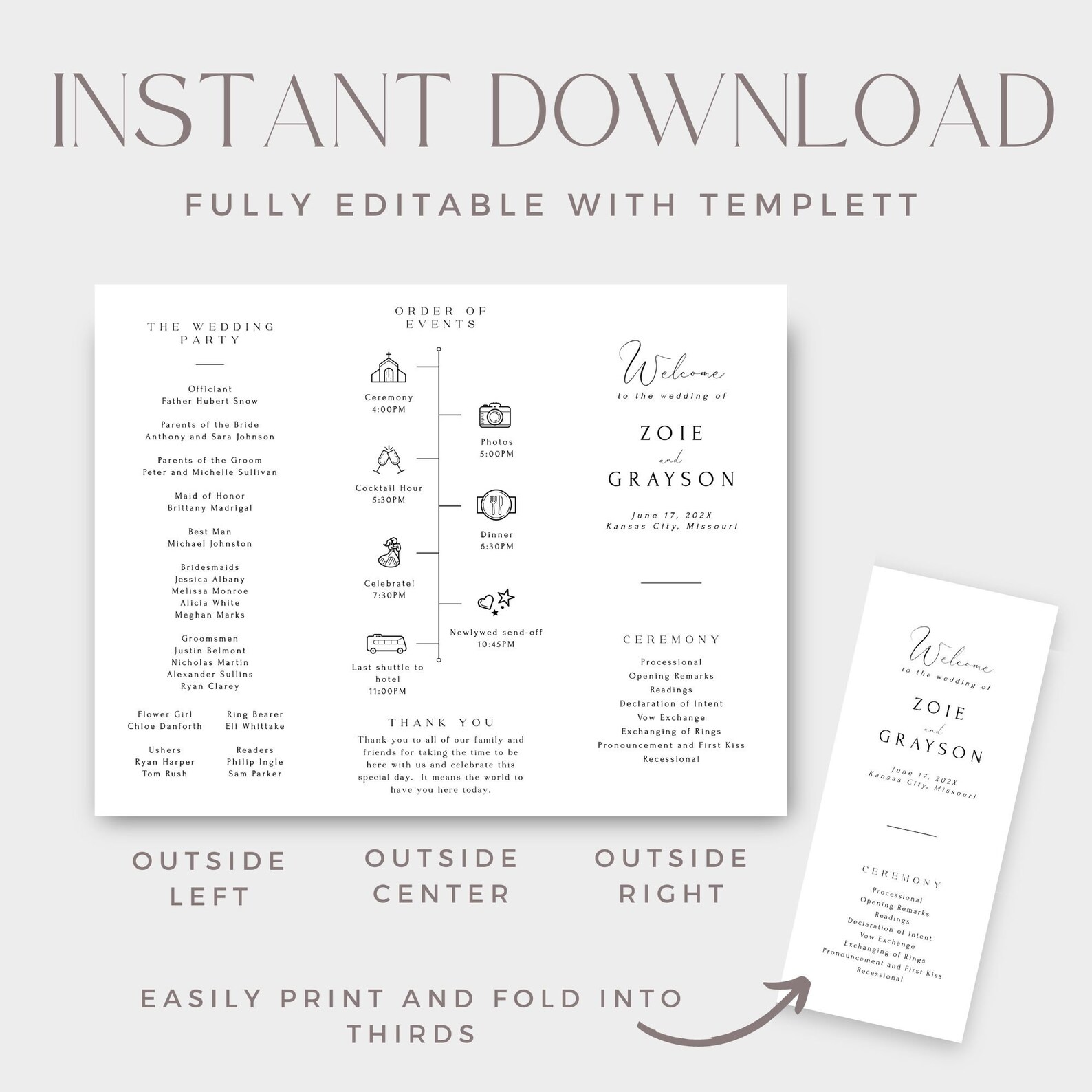 Wedding Program Template With Alphabetical Seating Chart, Tri Fold ...