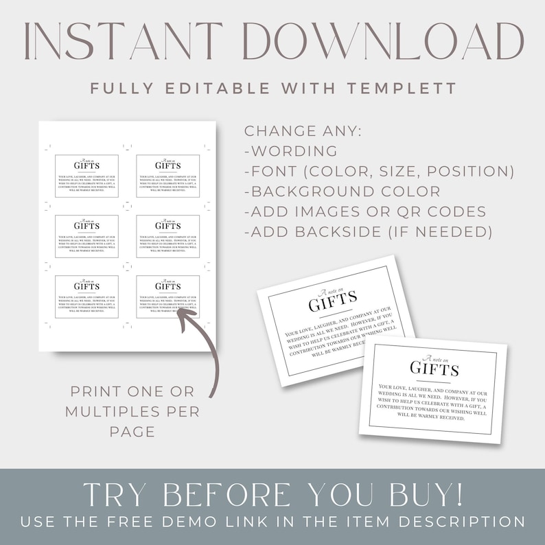 A Note on Gifts Wedding Invitation Enclosure Card Template, Honeymoon ...