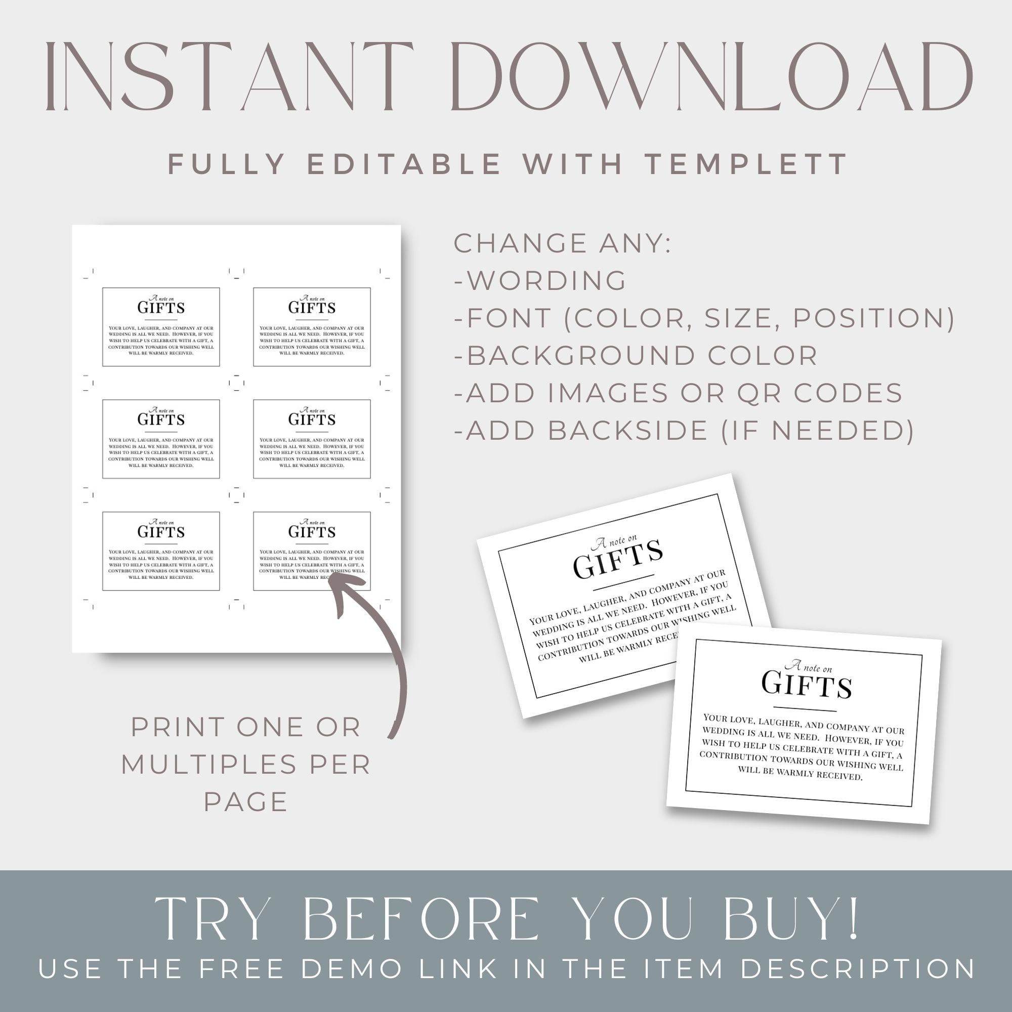 A Note on Gifts Wedding Invitation Enclosure Card Template, Honeymoon ...