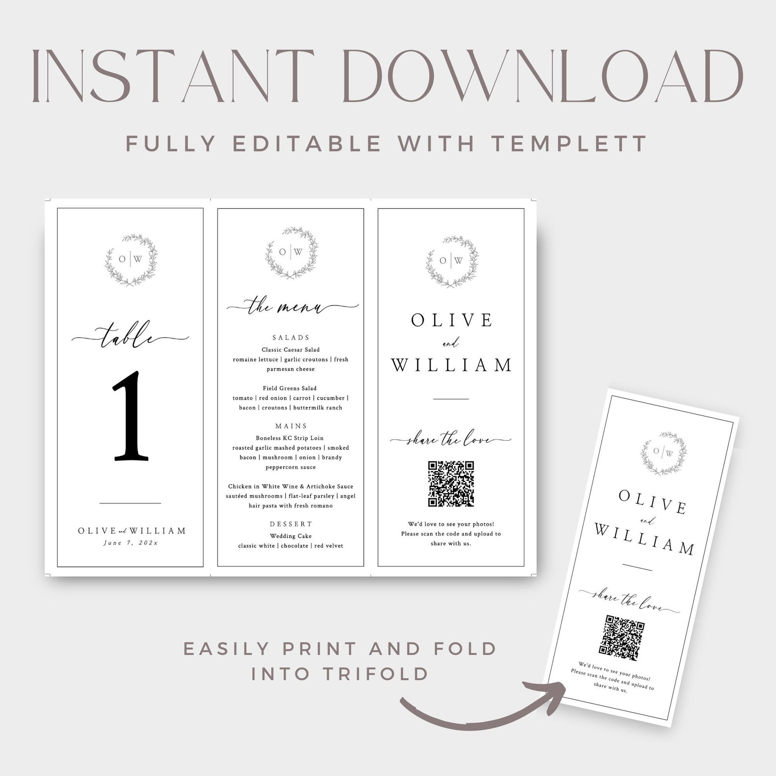 Trifold Wedding Menu, Menu Cards Classic Monogram, Reception Menu With ...