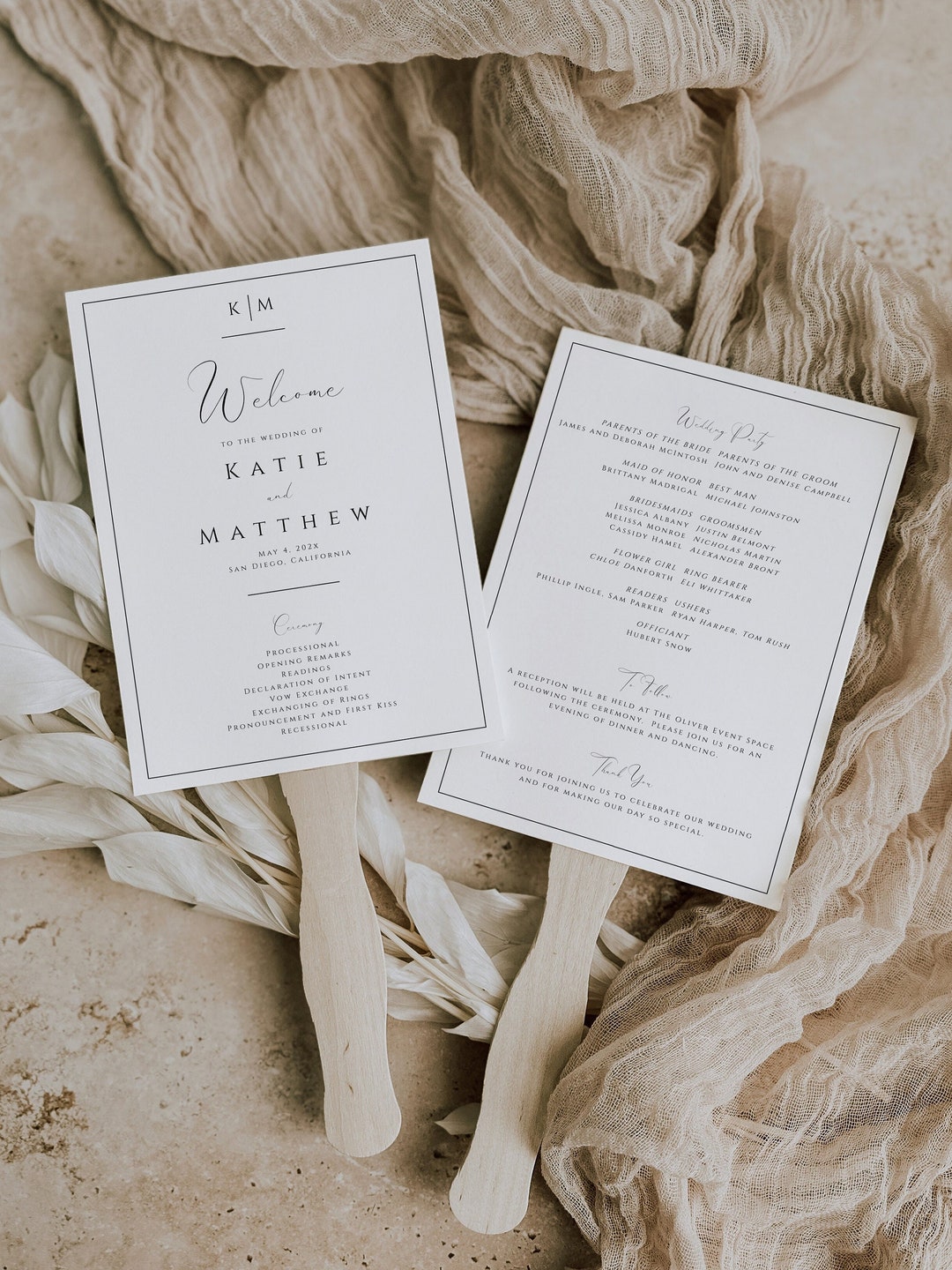 Minimal Wedding Program Fan Template, Simple Double Sided Program Fan, Boho Ceremony, Wedding ...