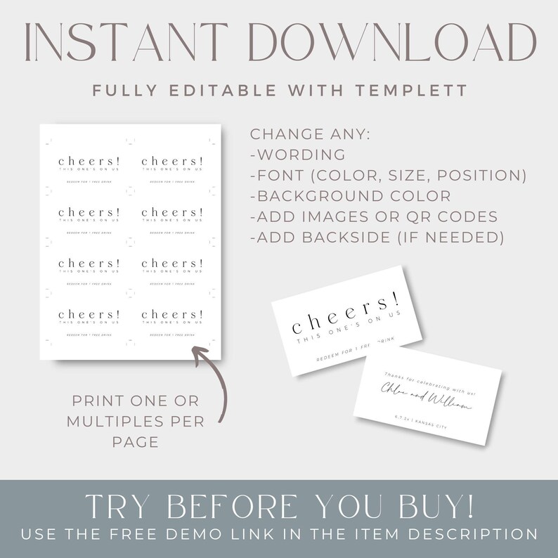 Drink Ticket Template, Happy Hour Ticket, Wedding Bar Ticket, Printable ...