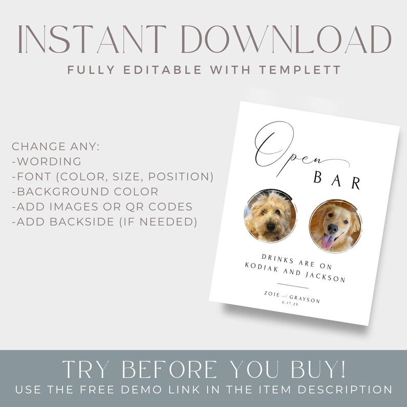Open Bar Pet Wedding Sign, Open Bar Sign With Dog, Signature Cocktail ...