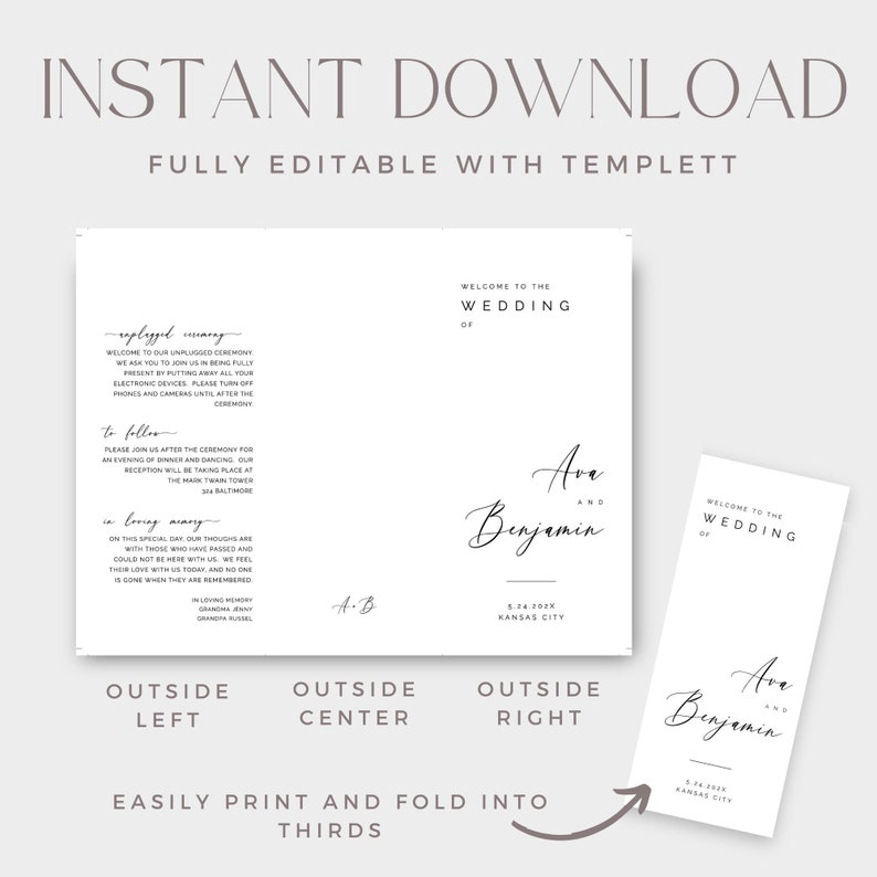 Tri Fold Wedding Program Template, Wedding Pamphlet Template, Church ...