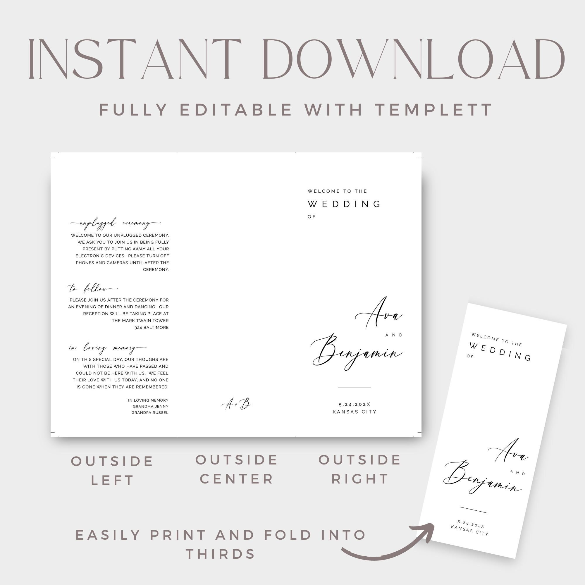Tri Fold Wedding Program Template, Wedding Pamphlet Template, Church ...
