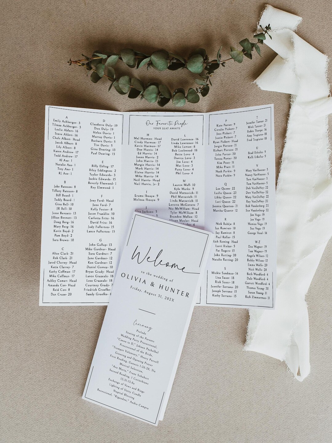 Trifold Wedding Program Seating Chart Template, Alphabetical Seating ...