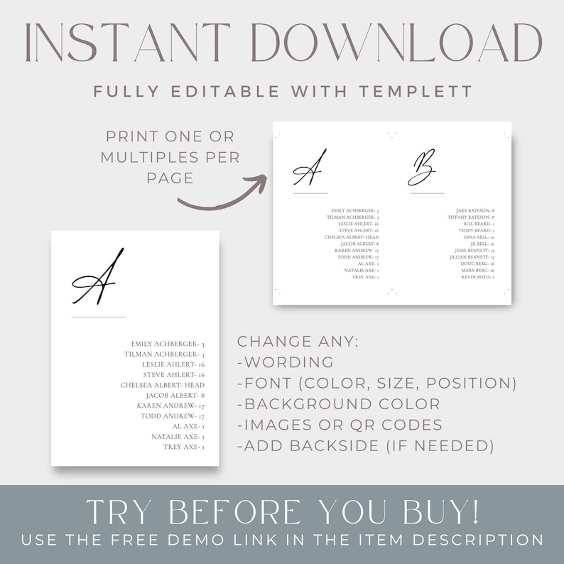 Alphabetical Seating Chart 5x7, Wedding Seating Chart Template by Last ...