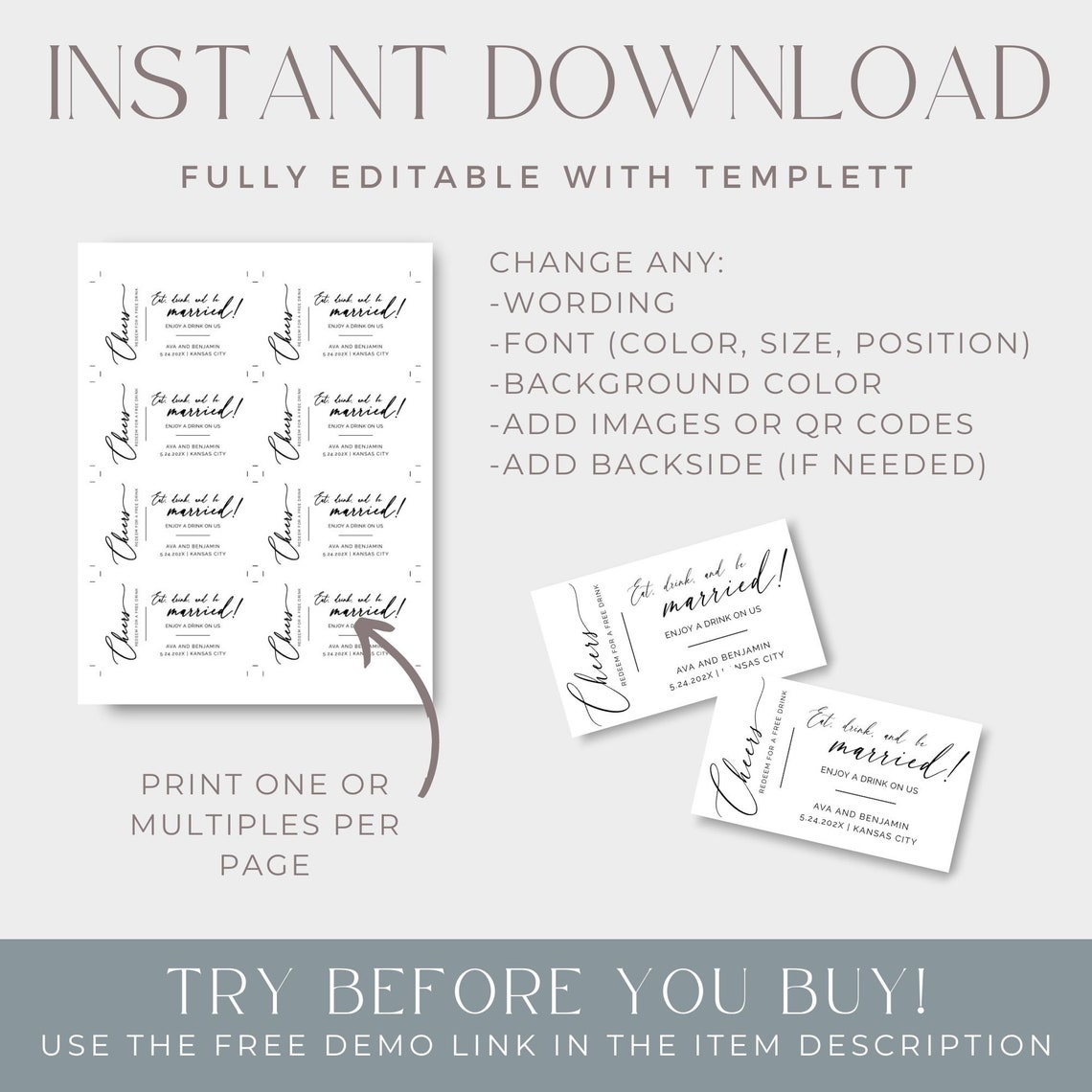 Wedding Drink Coupon Template, Wedding Drink Tickets Template, Custom ...