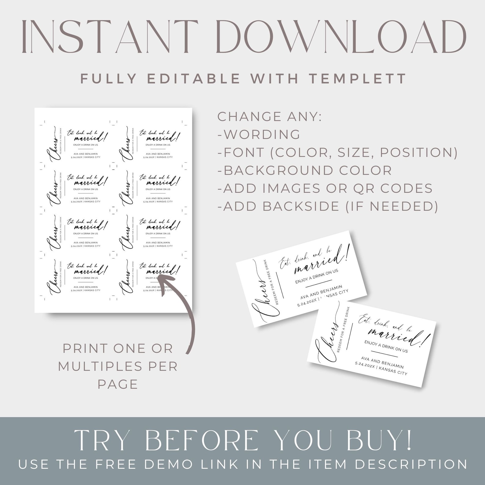 Wedding Drink Coupon Template, Wedding Drink Tickets Template, Custom ...