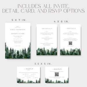 Woodland Forest Wedding Suite, Pine Tree Wedding Invitation Template With QR Code, Rustic Sage ...