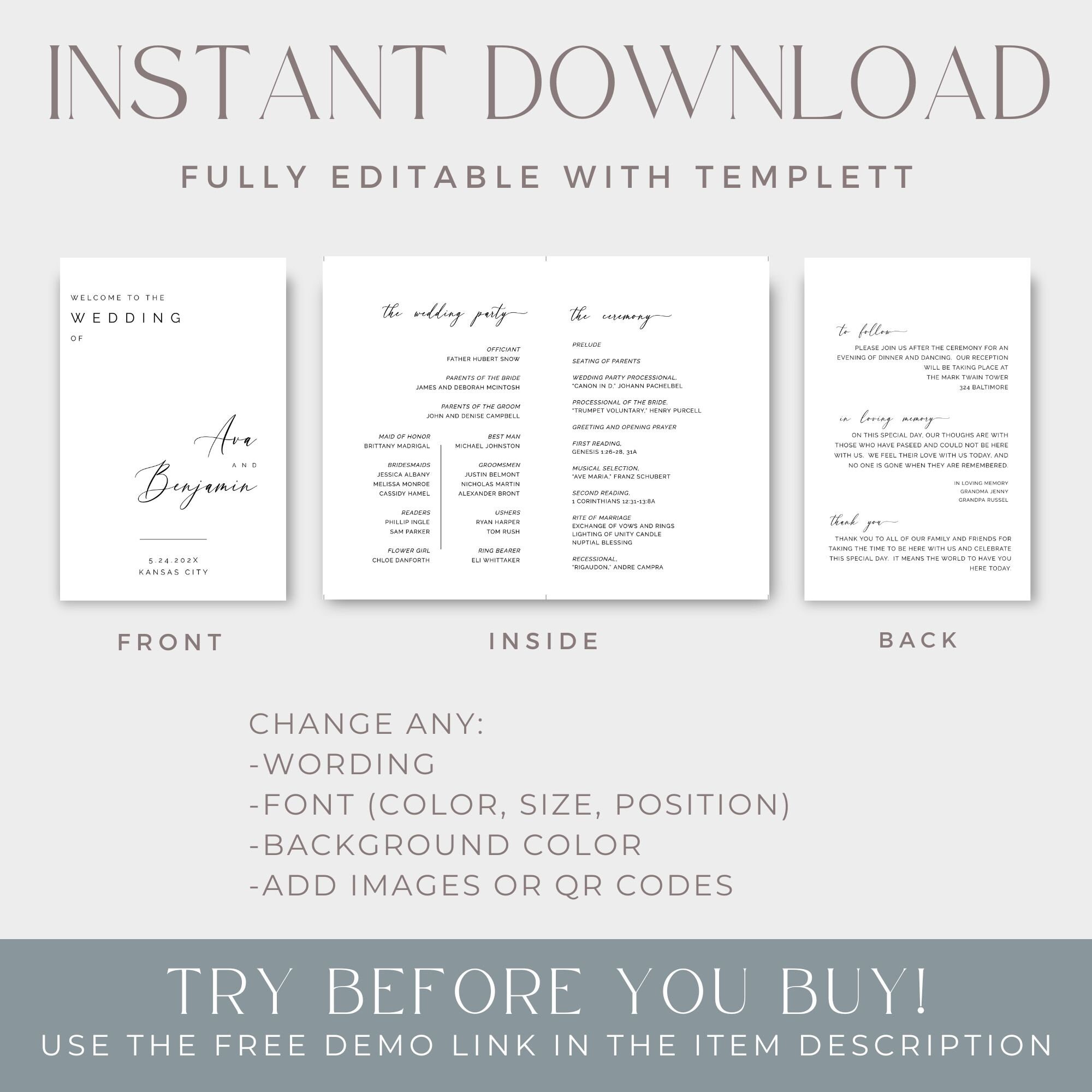 Church Wedding Program Template Instant Download, Wedding Program Bi ...