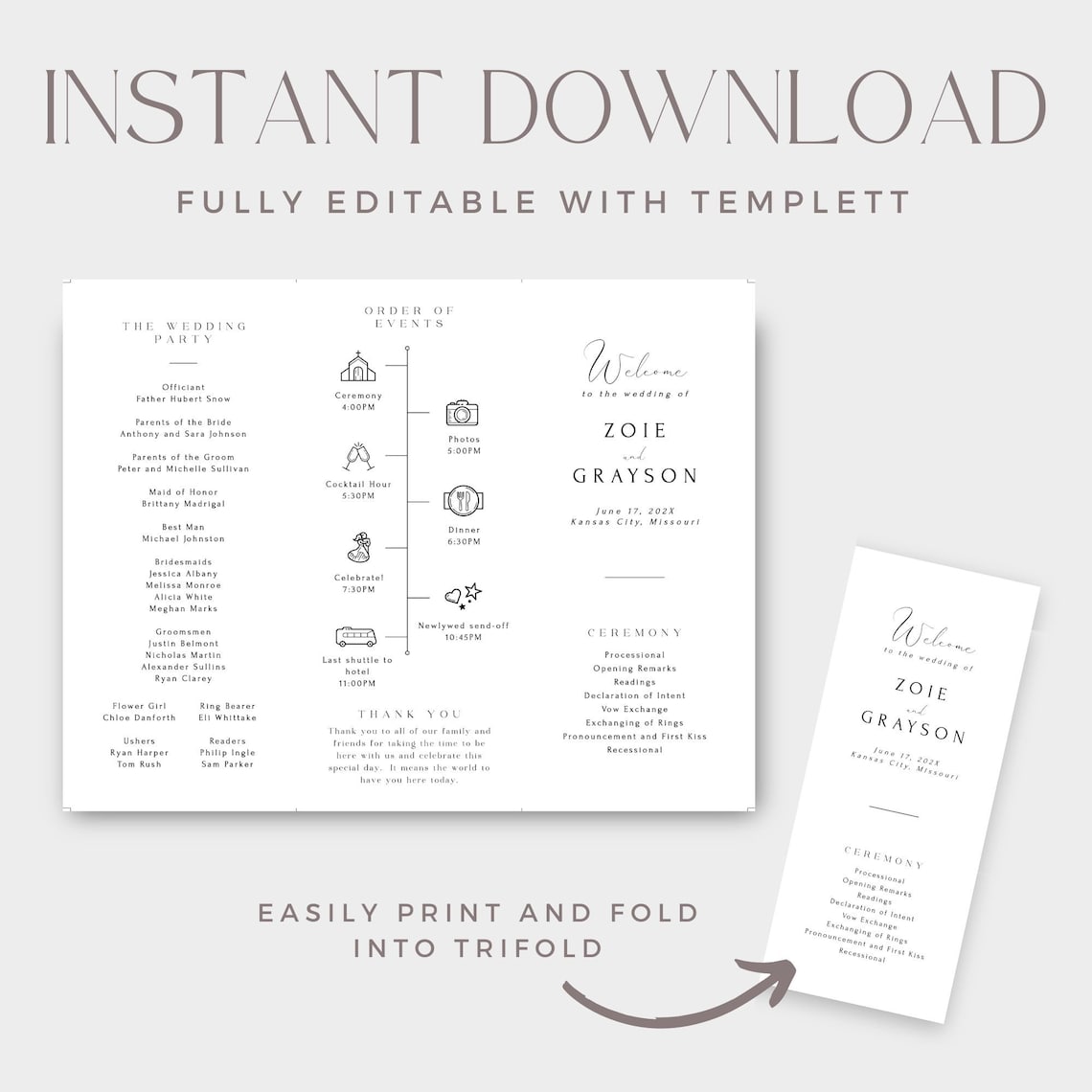 Wedding Program Template With Seating Chart, Tri Fold Wedding Program ...