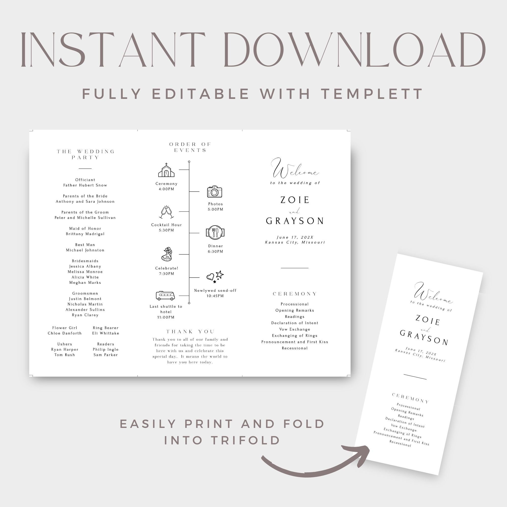 Wedding Program Template With Seating Chart, Tri Fold Wedding Program ...