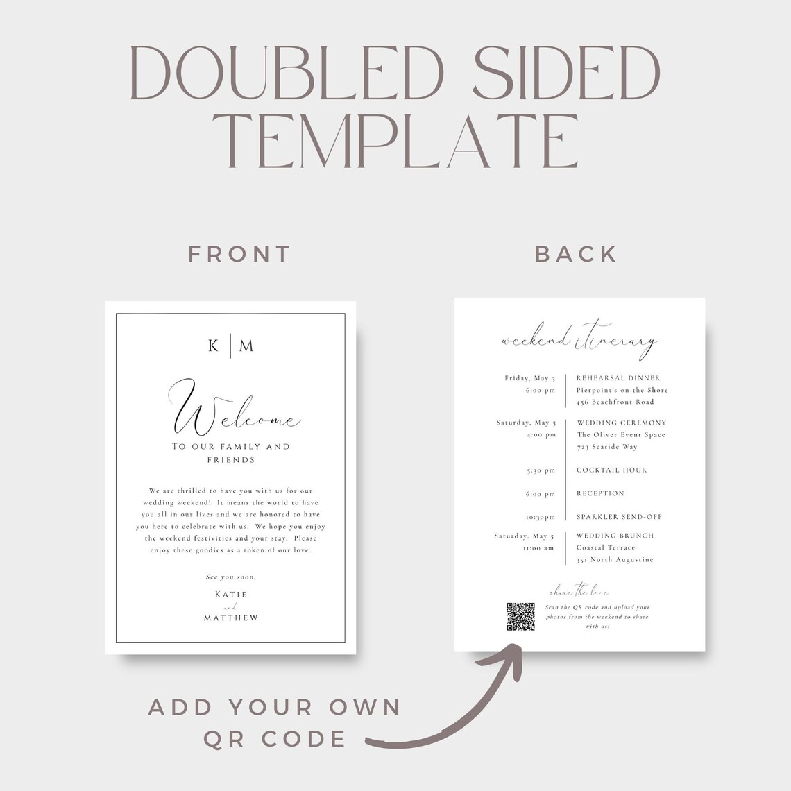 Wedding Welcome Card Template 5x7 With QR Code, Guest Gift Bag Tag ...