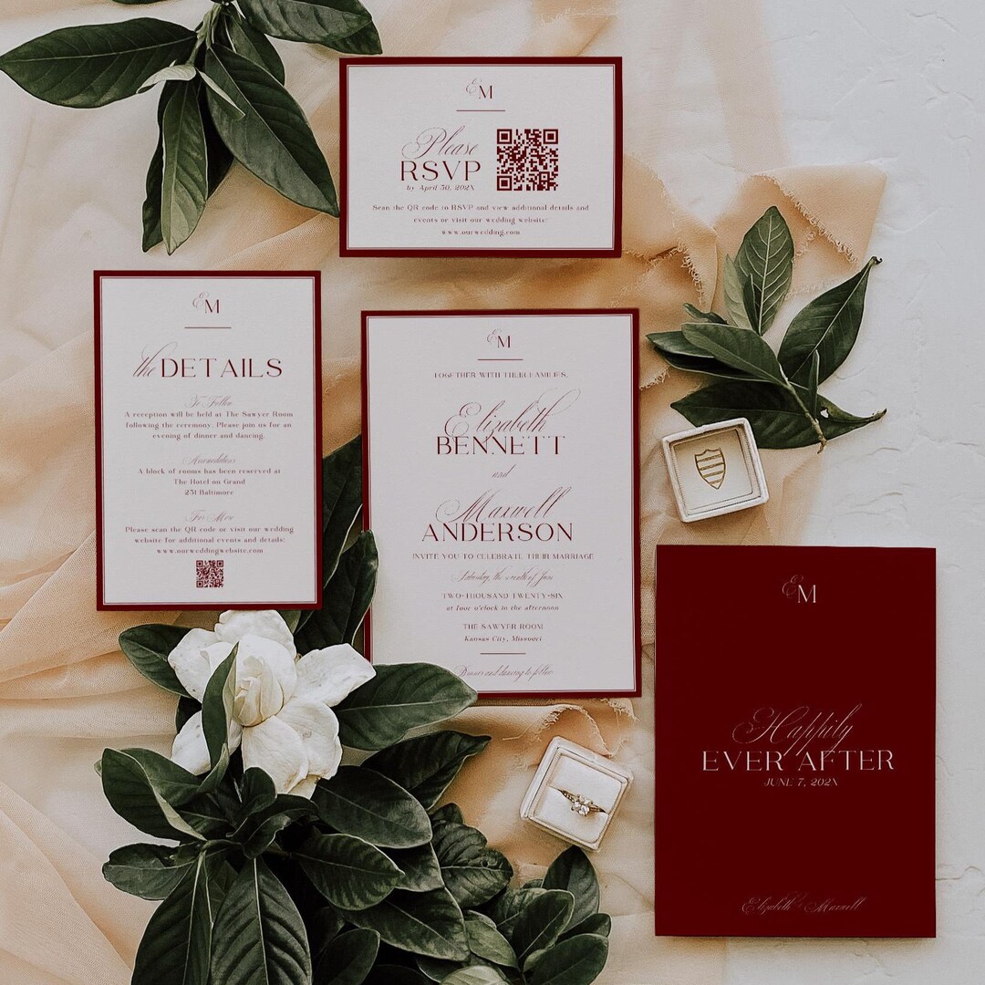 Timeless Old Money Wedding Invitation Suite, Burgundy and Cream Luxury ...