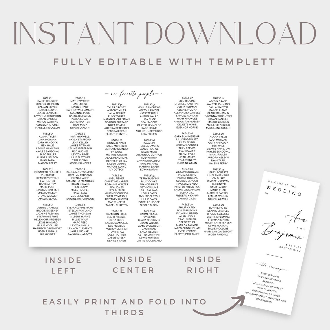 Trifold Wedding Program Template With Seating Chart, Wedding Day ...