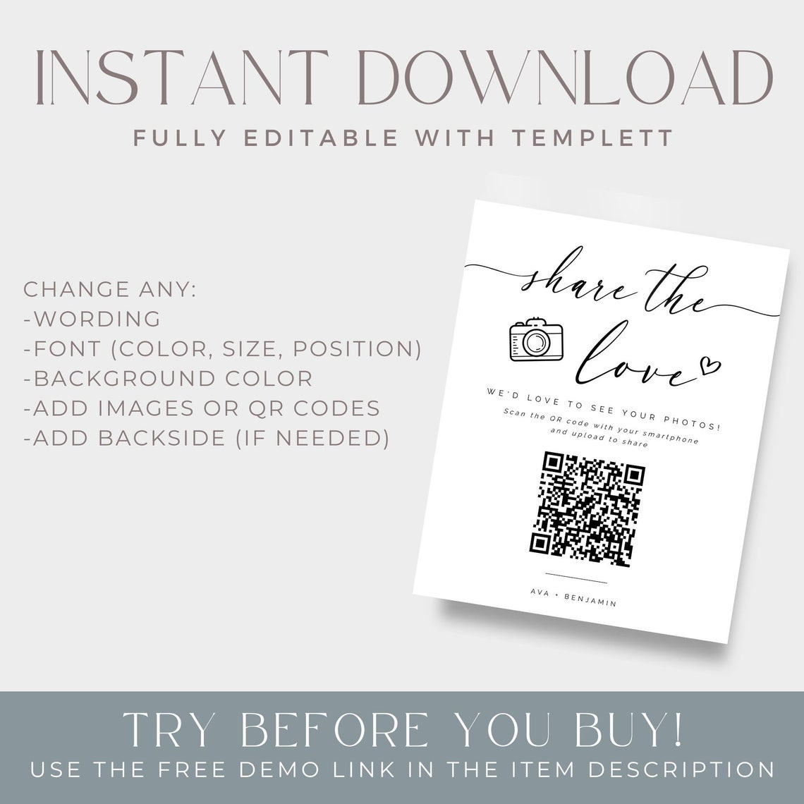 QR Code Wedding Photo Album, Share the Love Sign Template, Capture the ...
