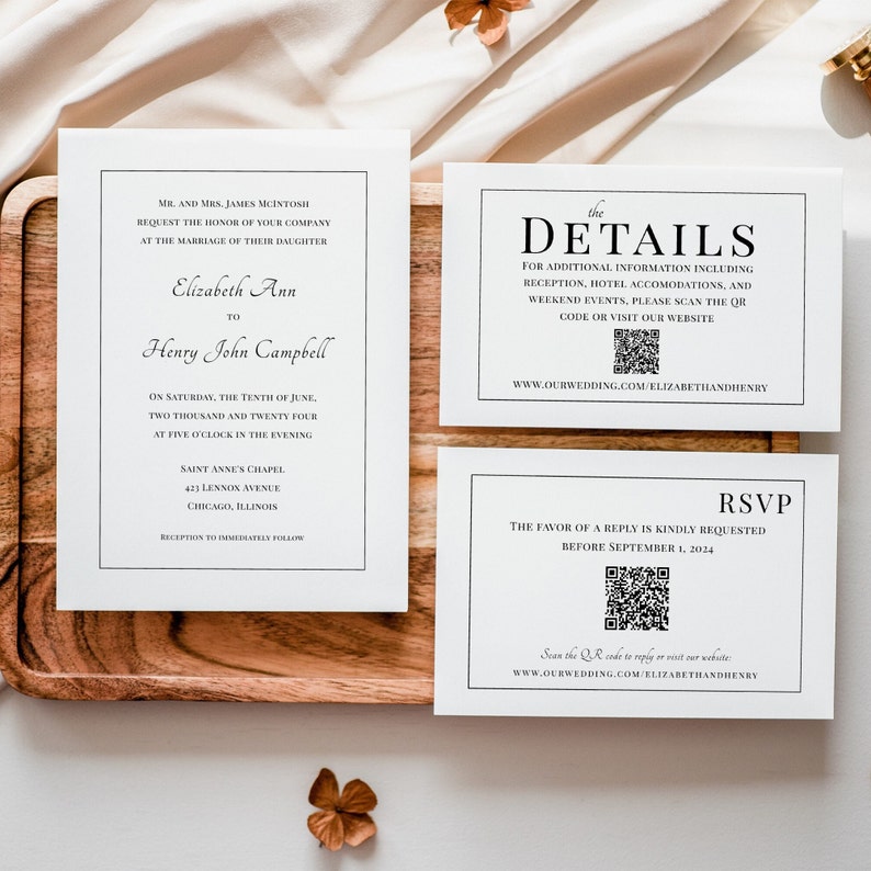 Timeless Wedding Invitation Set Template With QR Code, RSVP Card, Editable Invitation ...