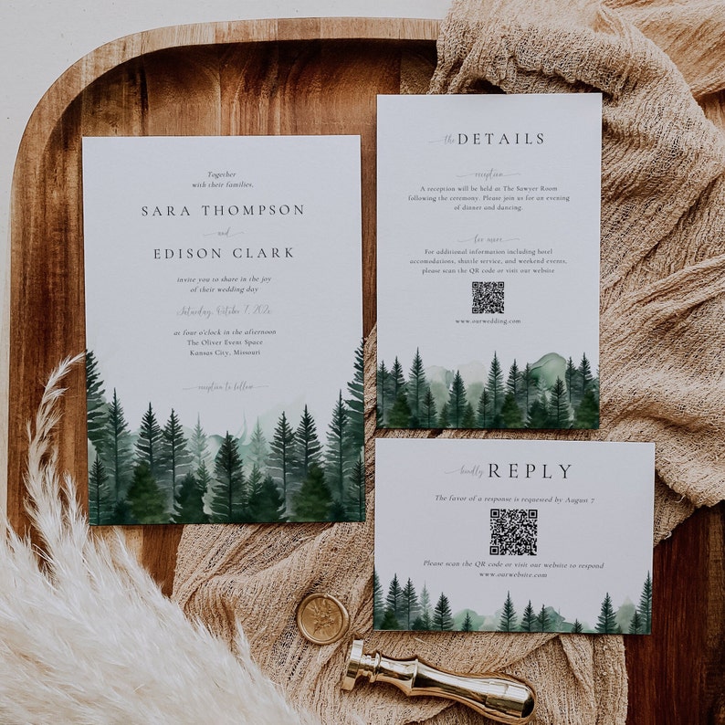 Woodland Forest Wedding Suite, Pine Tree Wedding Invitation Template With QR Code, Rustic Sage ...