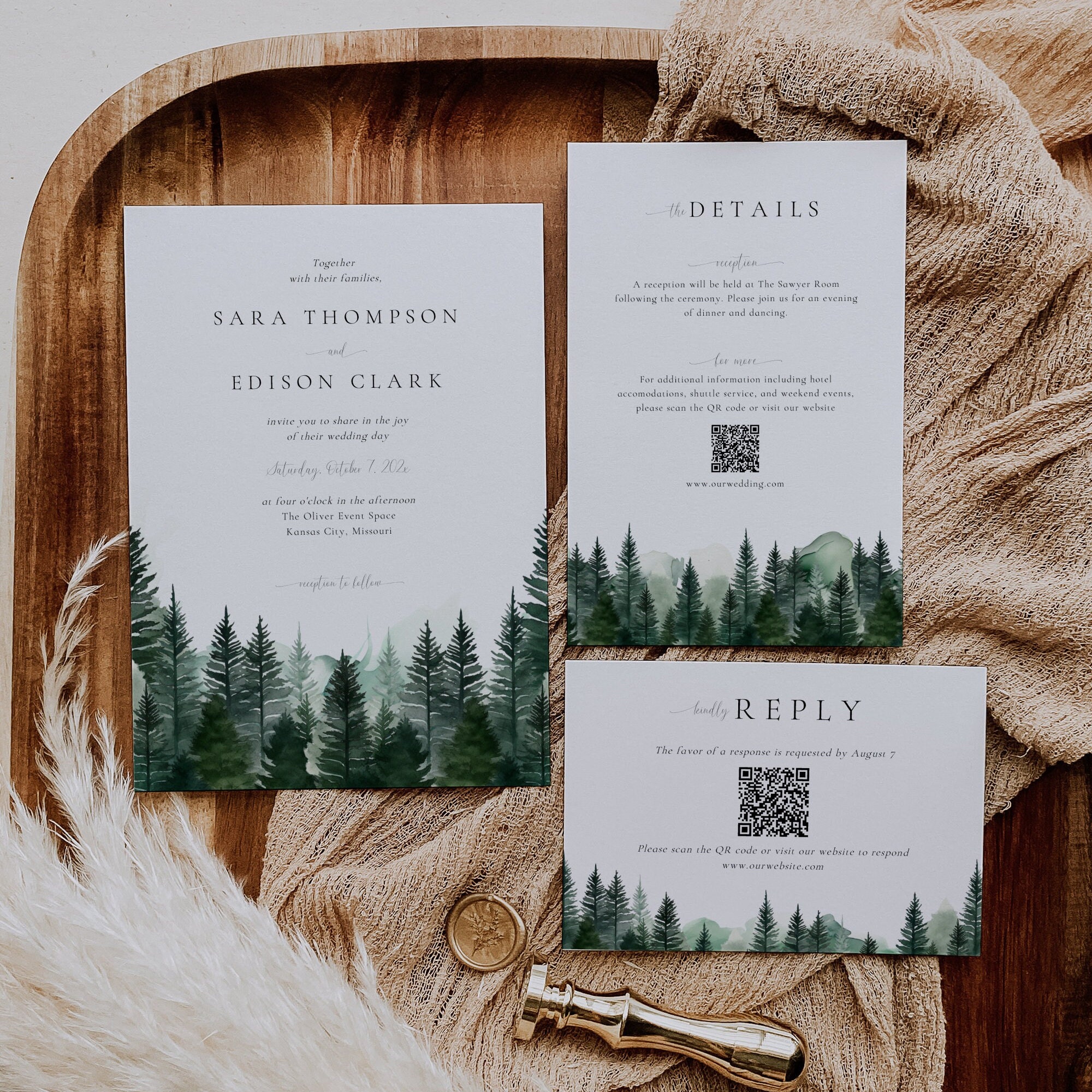 Woodland Forest Wedding Suite, Pine Tree Wedding Invitation Template ...