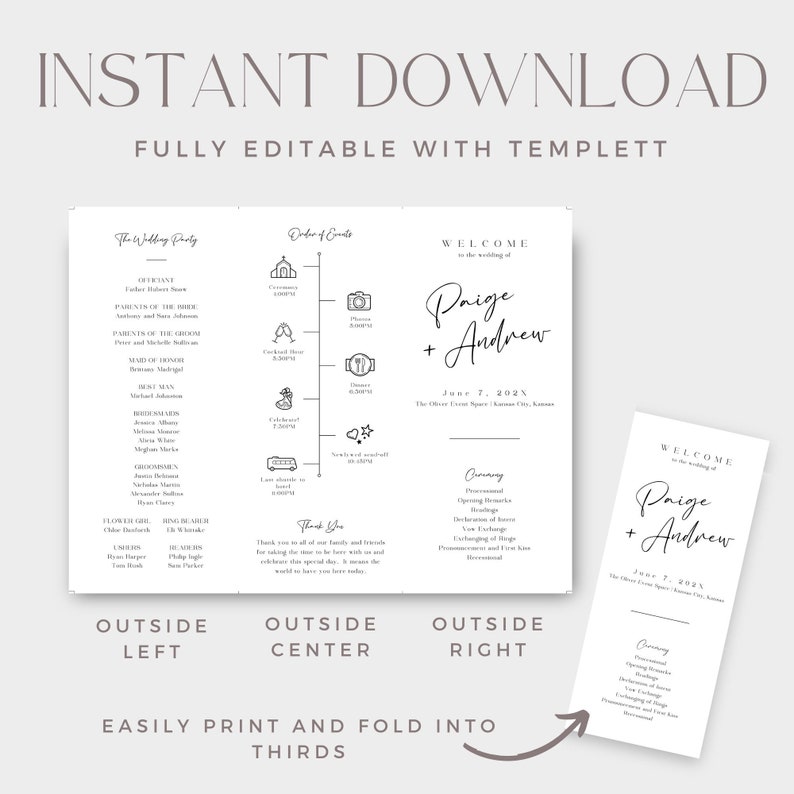 Wedding Program Template With Seating Chart, Trifold Wedding Program ...