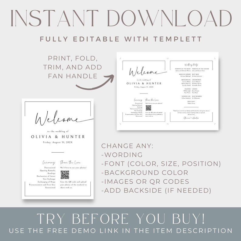 Modern Wedding Program Fans, Infographic Fan, Capture the Love QR Code ...