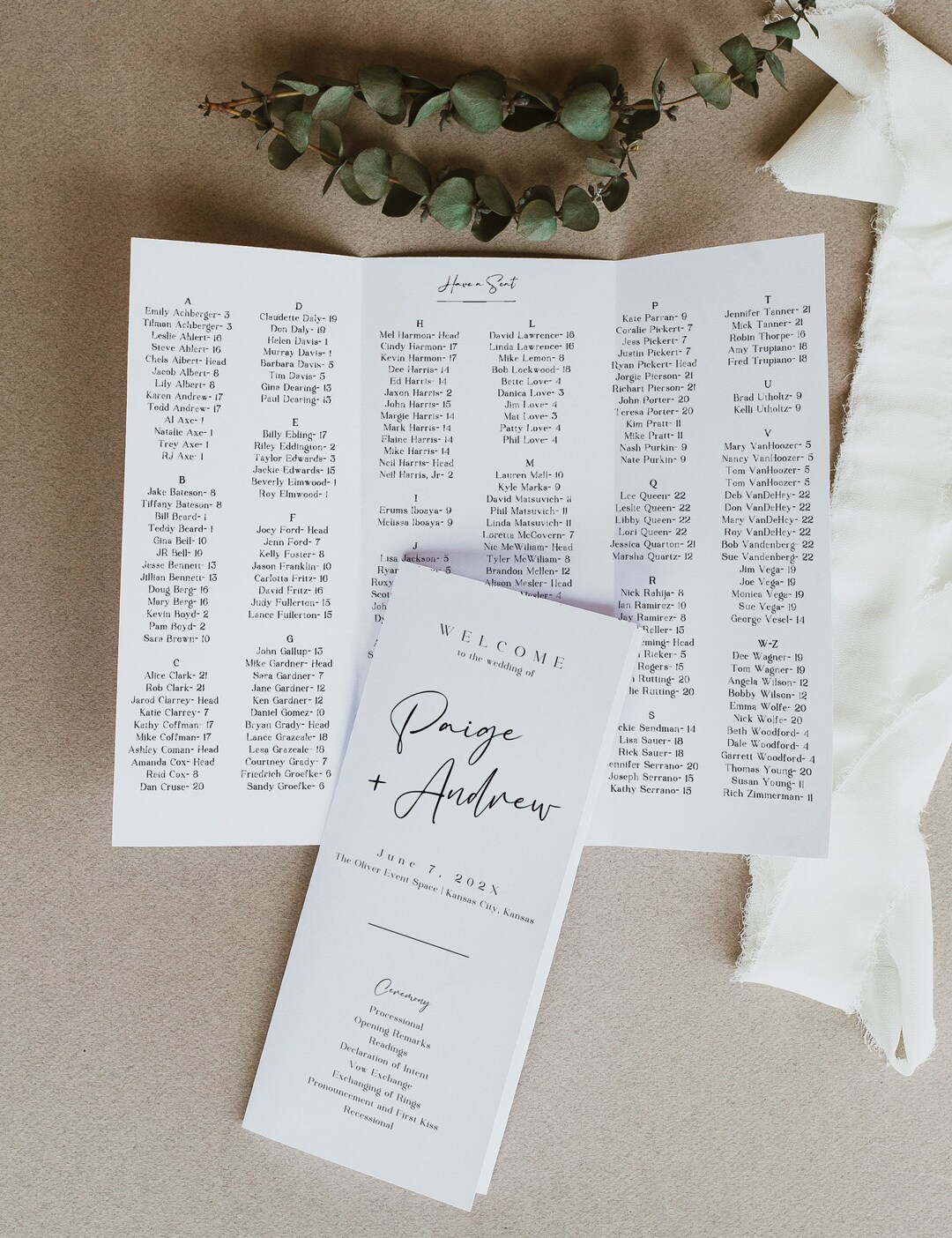 Wedding Program Template Trifold, Alphabetical Seating Chart ...