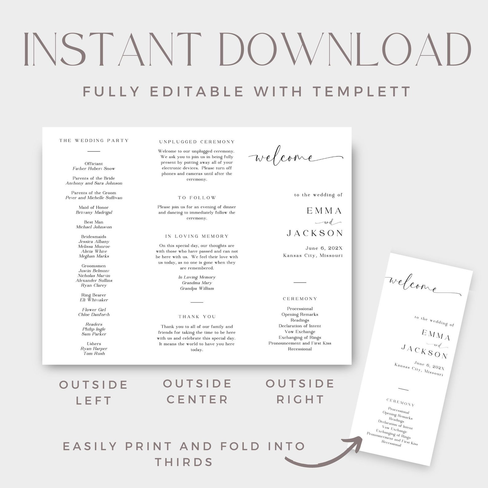 Tri Fold Wedding Program Template, Seating Chart by Alphabet, Program ...