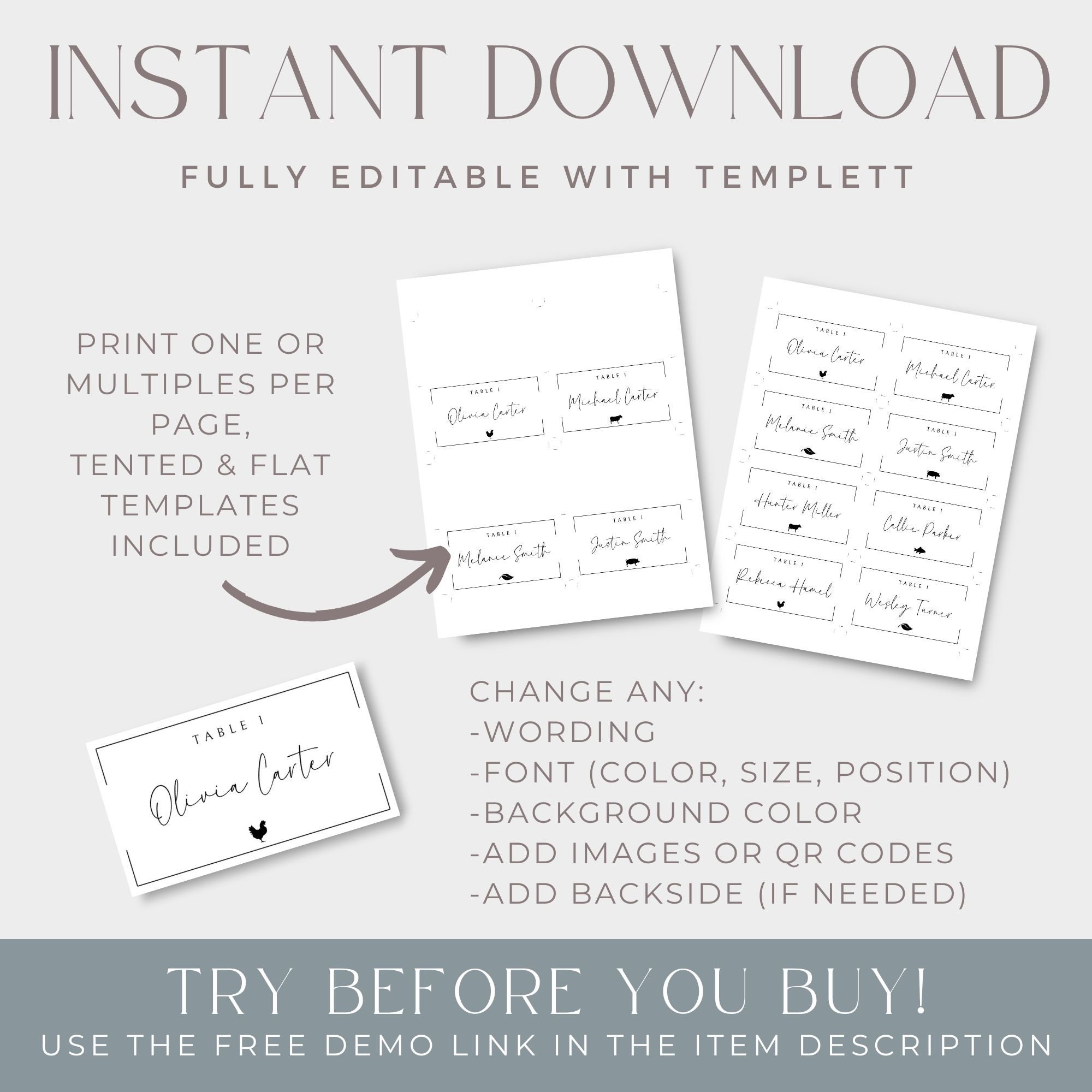 Place Cards With Menu Icon, Place Cards With Border, Meal Choice Place ...