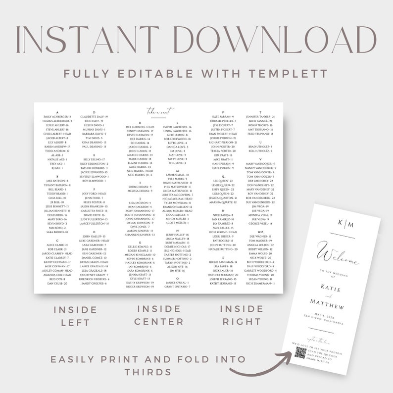 Trifold Wedding Program Seating Chart Template, Alphabetical Seating ...