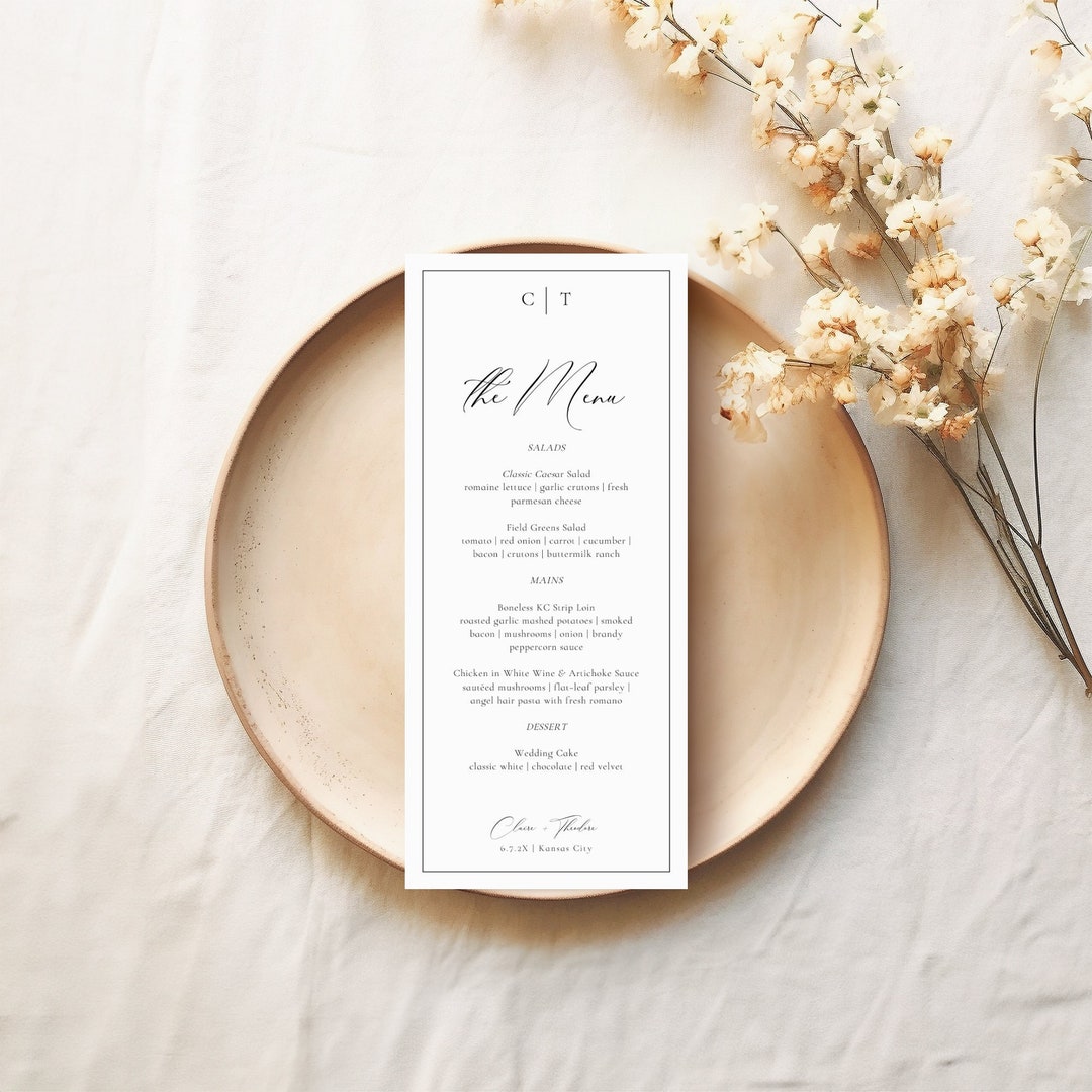 Minimal Wedding Menu Cards for Place Setting, Menu Cards Classic ...