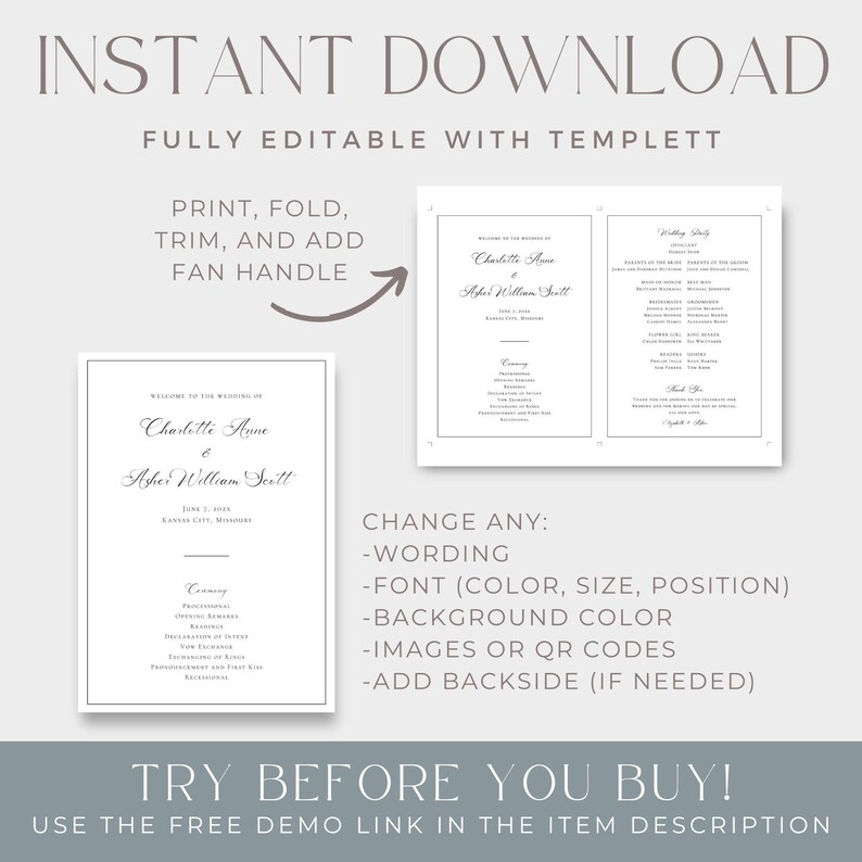 Minimal Wedding Program Fan Template, Ceremony Fan for Guests, Double ...