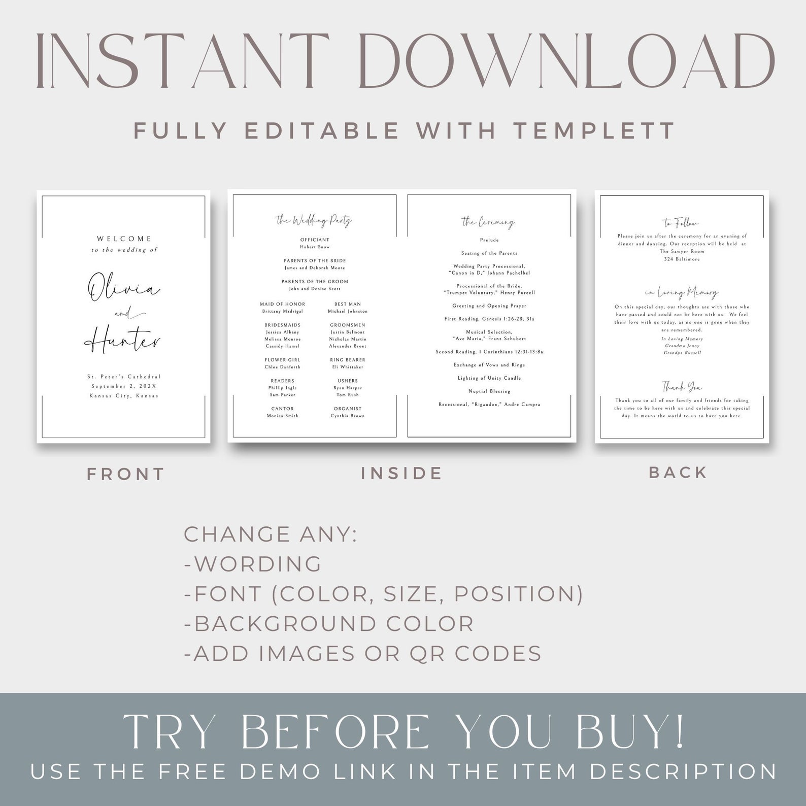 Wedding Programs Template Foldable, Traditional Wedding Program, 4 Page Ceremony Program, Order ...