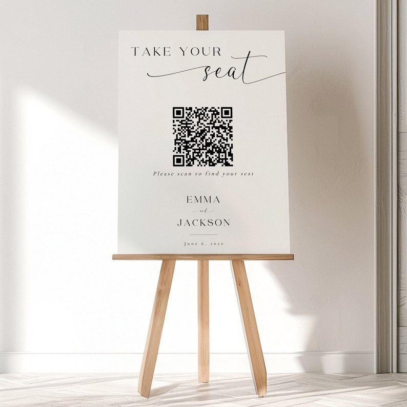 QR Code Wedding Seating Chart, Take Your Seat Sign Template, Your Seat ...