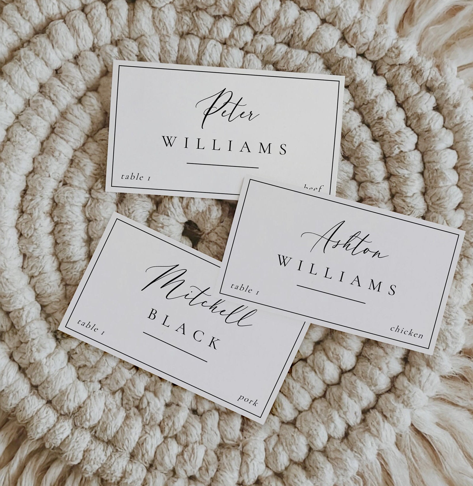 Place Card With Meal Option, Place Cards With Border, Meal Choice Place ...