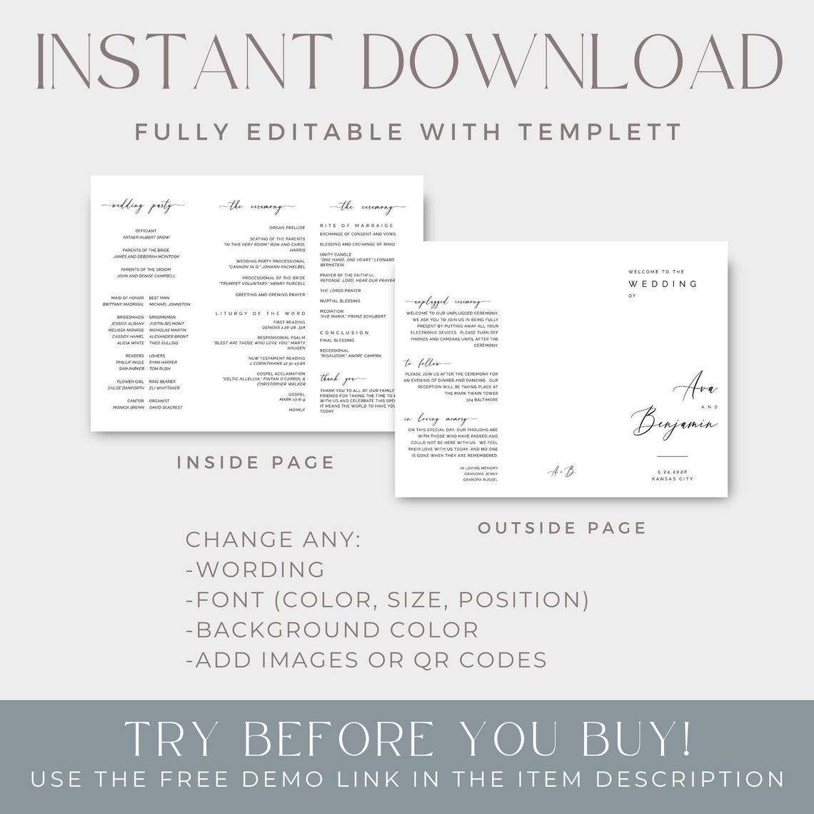 Tri Fold Wedding Program Template, Wedding Pamphlet Template, Church ...