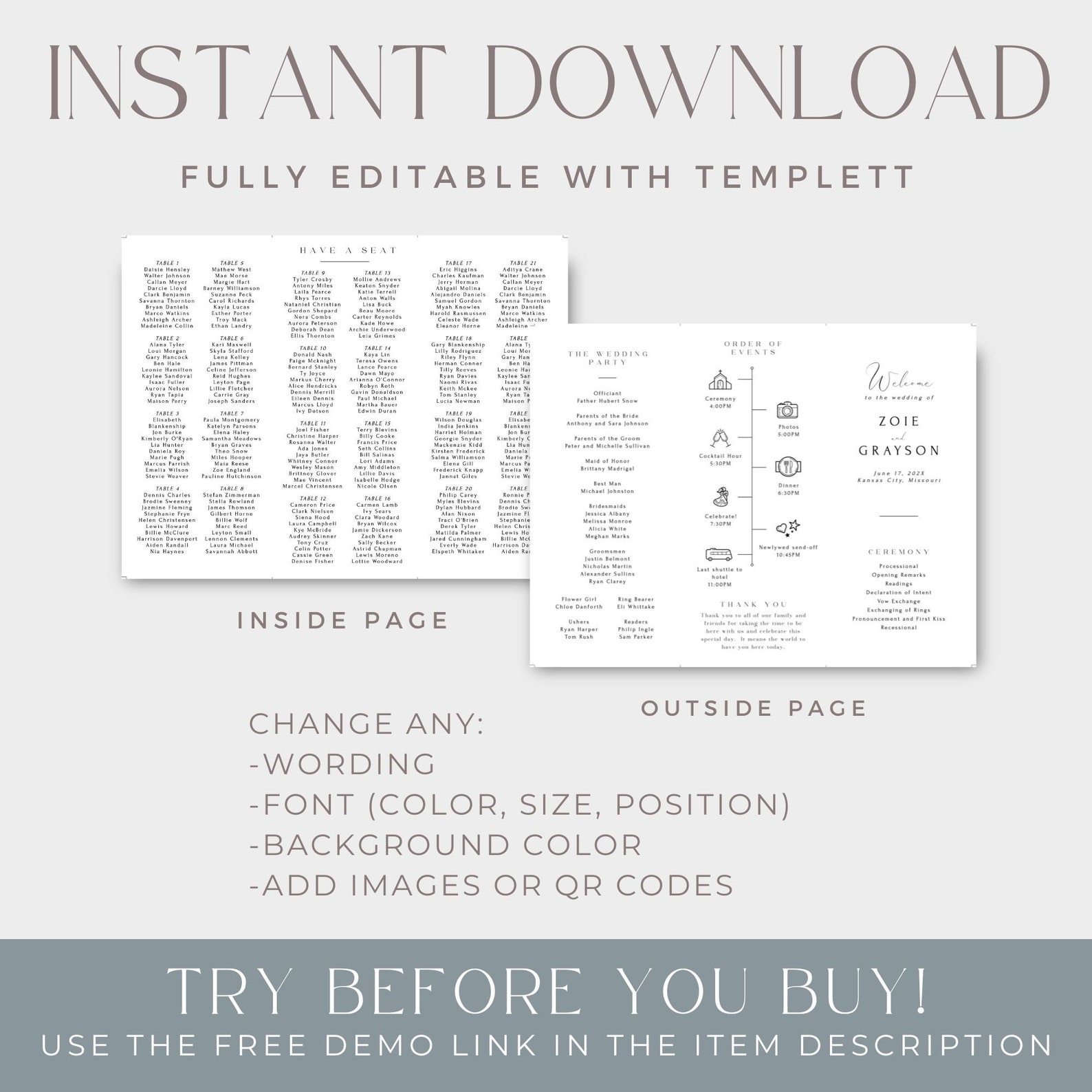 Wedding Program Template With Seating Chart, Tri Fold Wedding Program ...