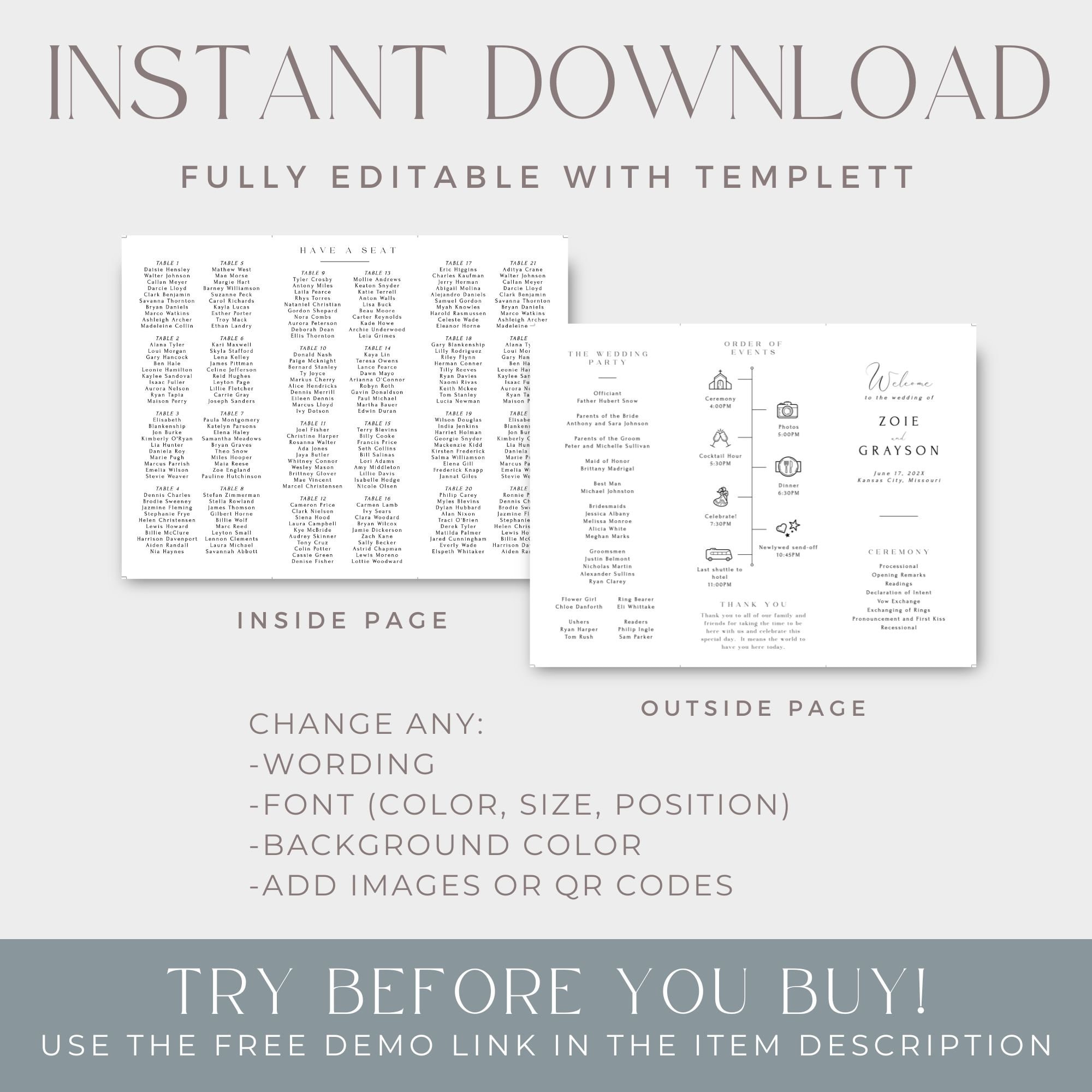 Wedding Program Template With Seating Chart, Tri Fold Wedding Program ...