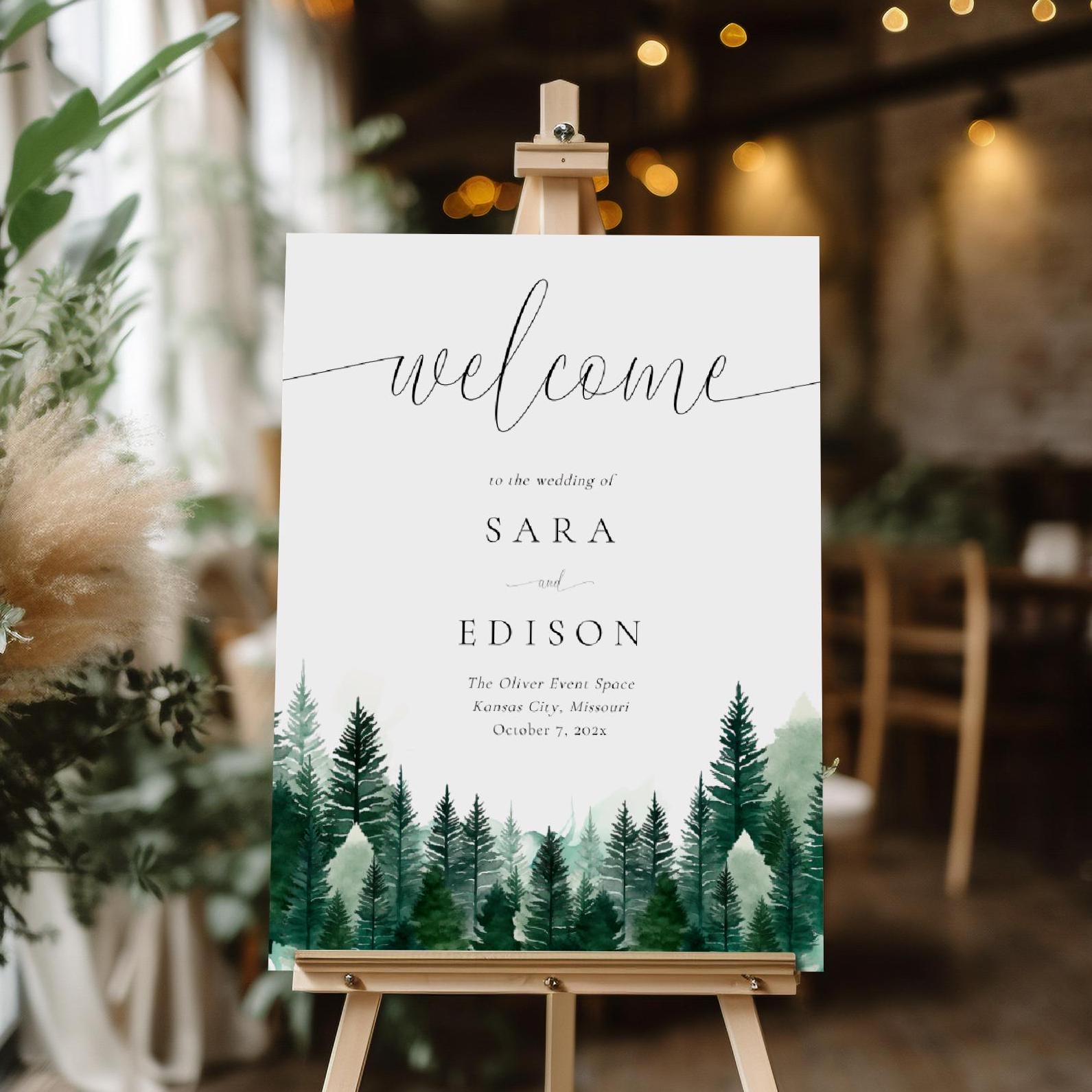 Wedding Welcome Sign With Pine Trees Template, Woodland Wedding, Spruce ...