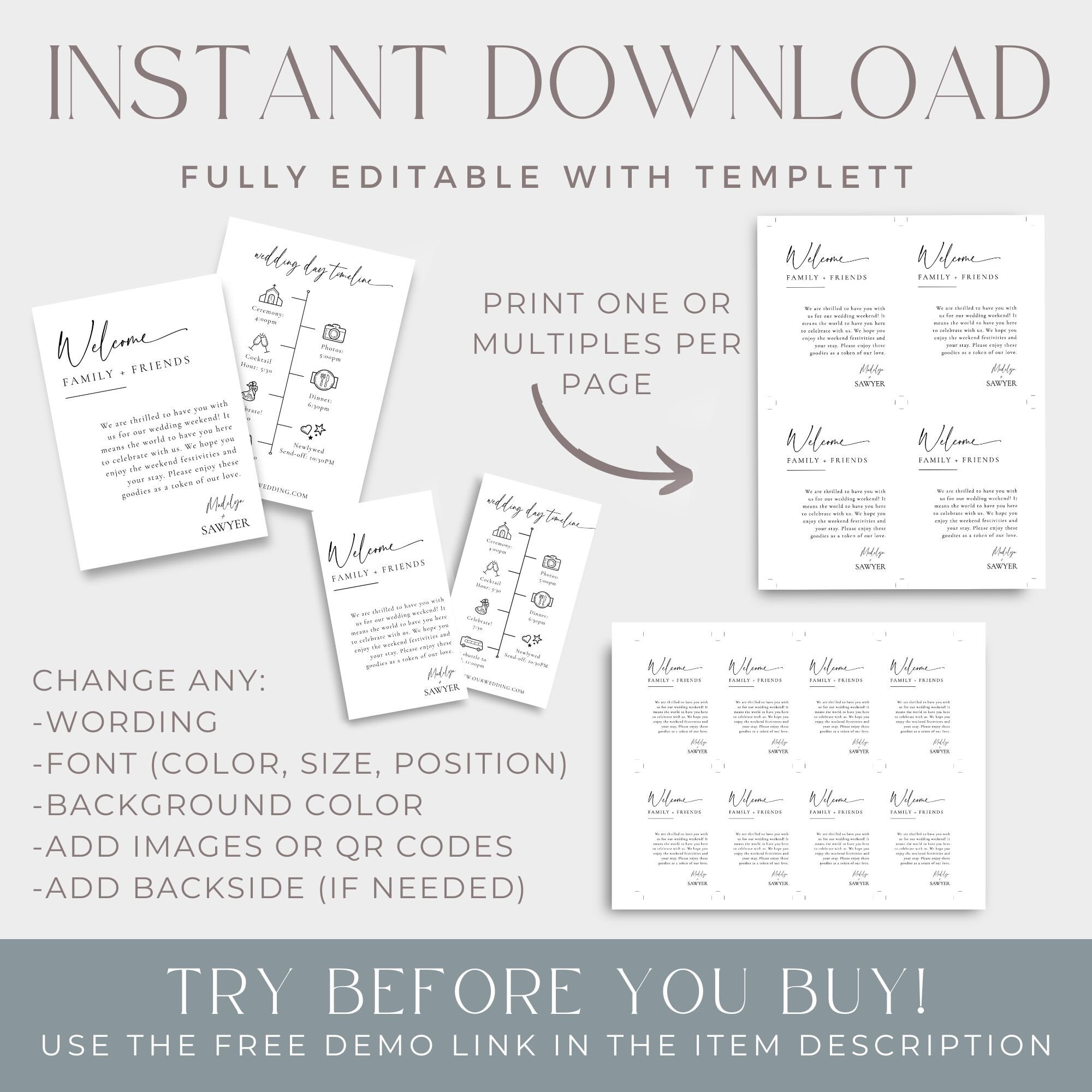 Welcome Bag Tags Modern, Welcome Letter and Timeline Card, Destination ...