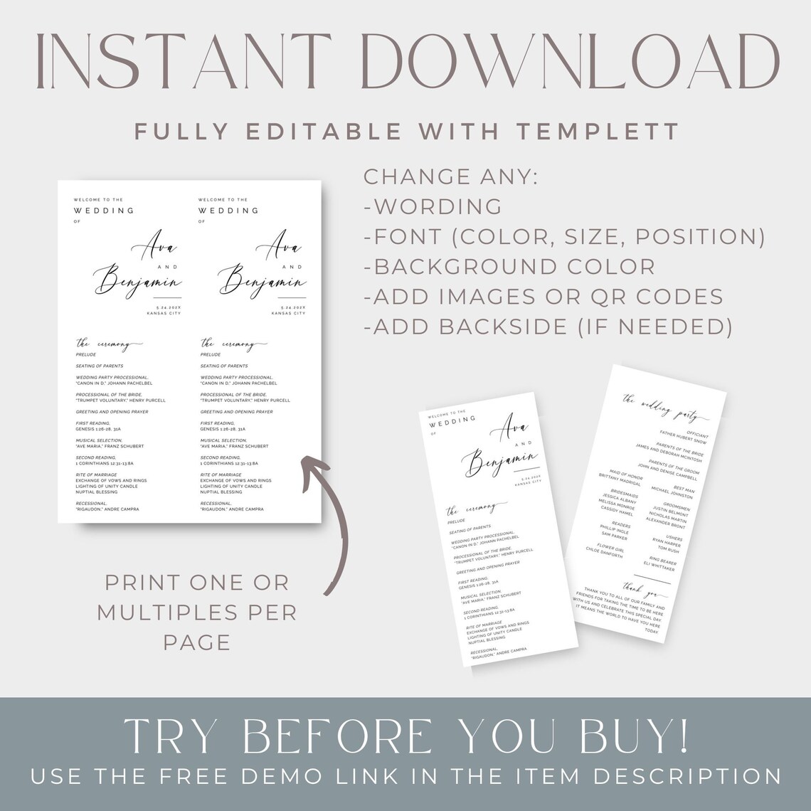 One Page Wedding Program, Catholic Wedding Program No Mass, Traditional ...