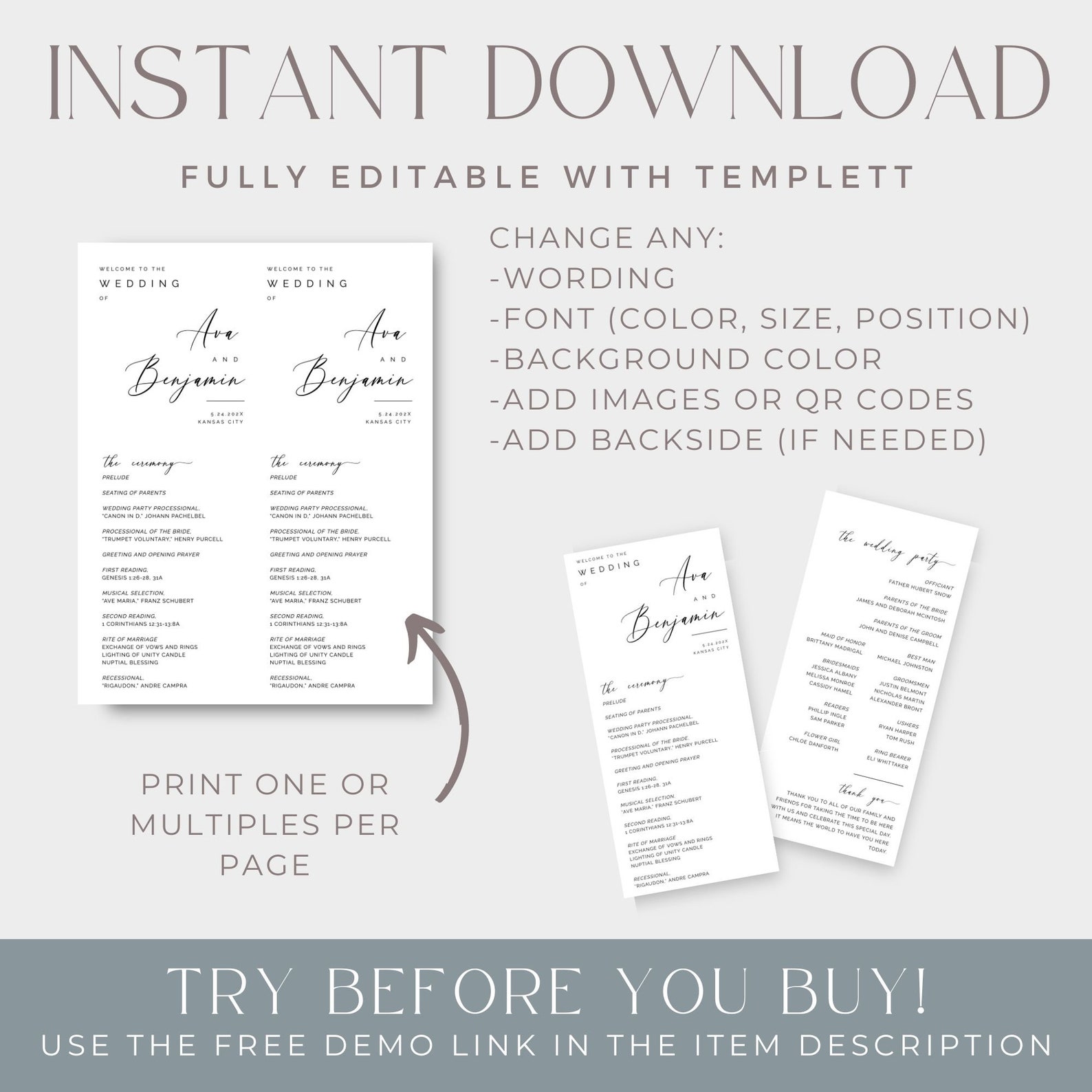 One Page Wedding Program, Catholic Wedding Program No Mass, Traditional ...