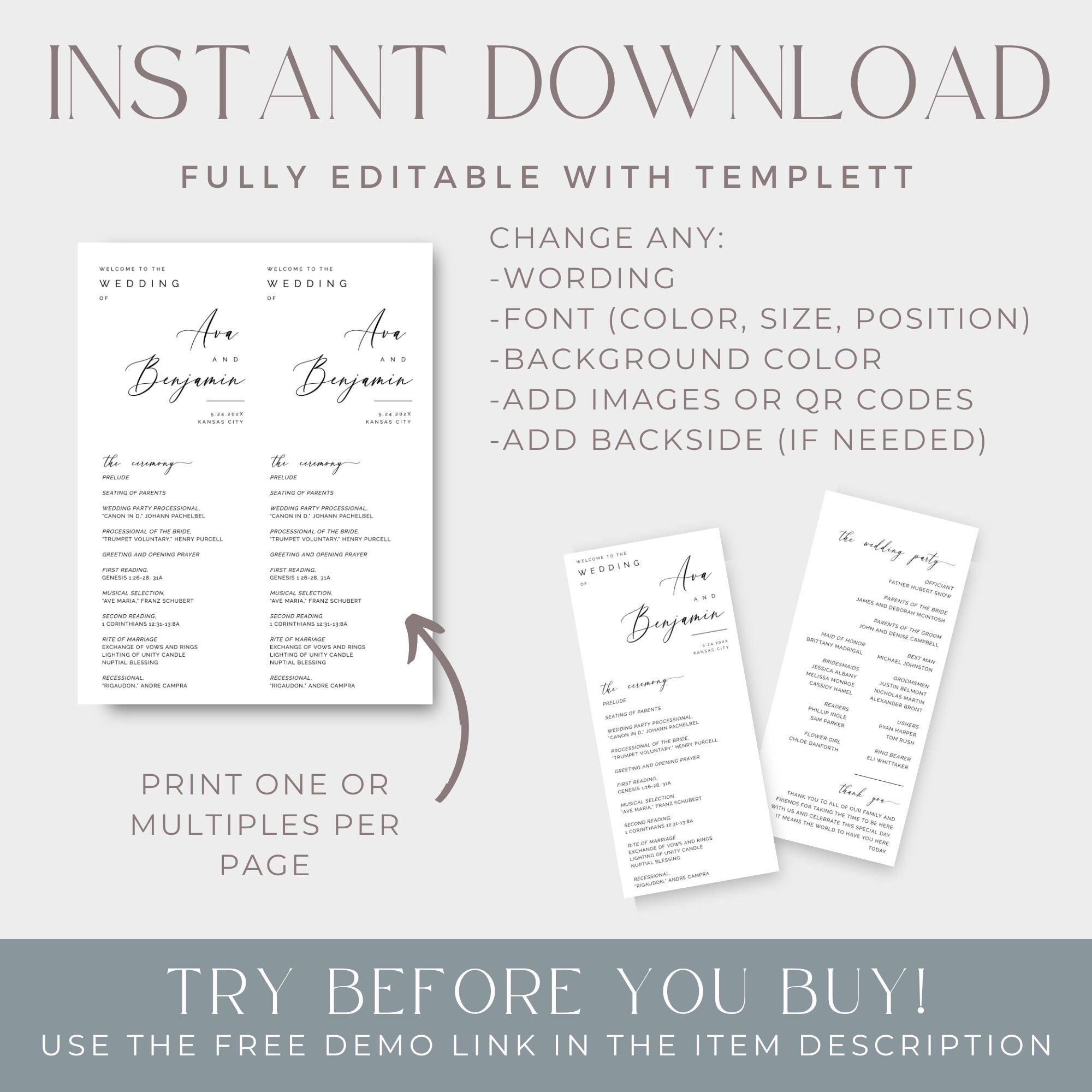 One Page Wedding Program, Catholic Wedding Program No Mass, Traditional Wedding Program, Minimal ...