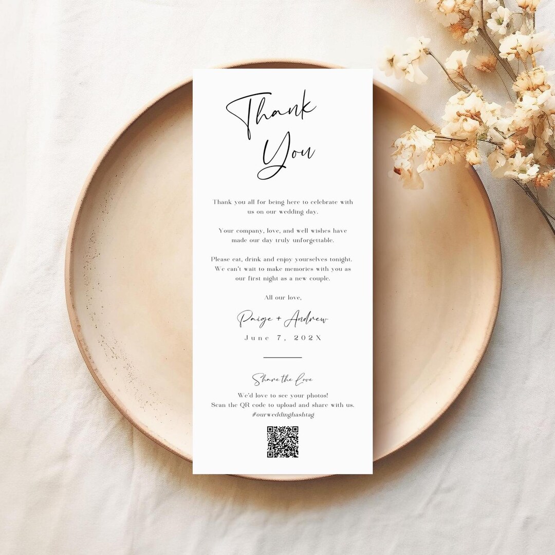 Wedding Thank You Place Card With QR Code Template, Table Thank You ...