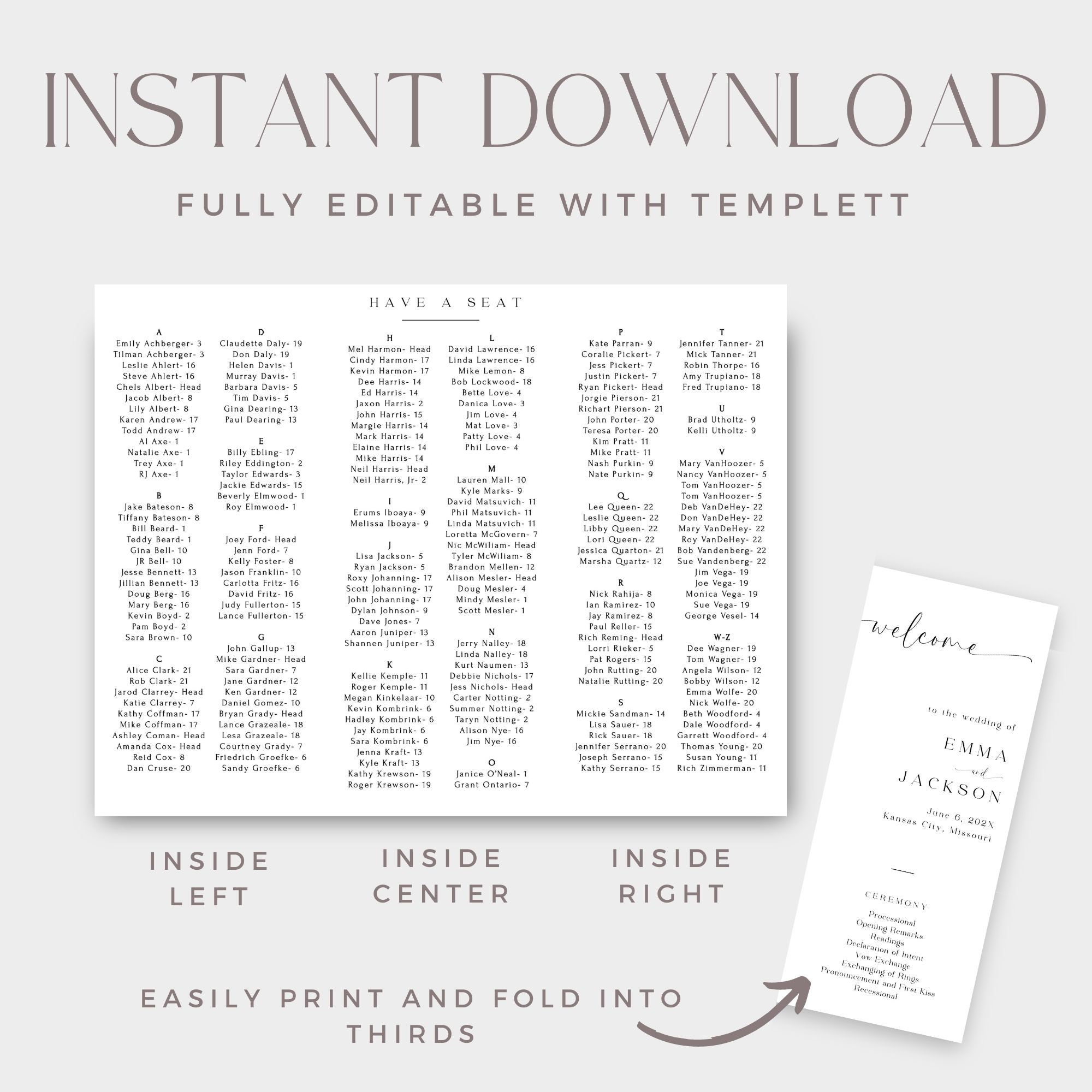 Tri Fold Wedding Program Template, Seating Chart by Alphabet, Program ...