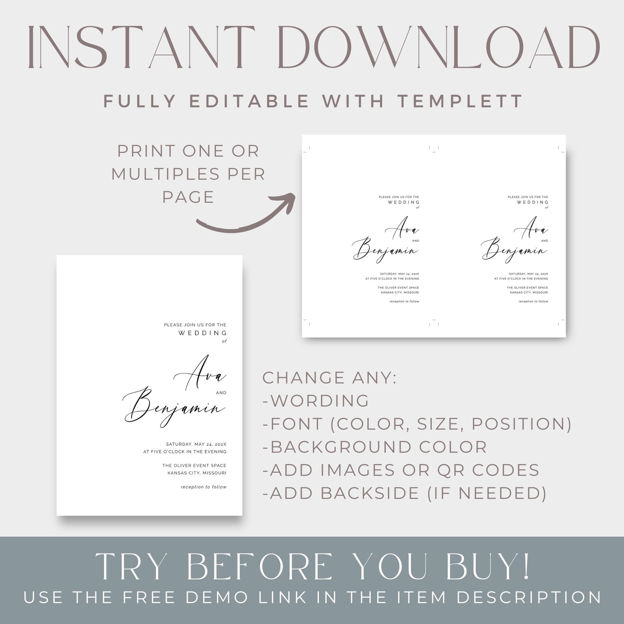 Intimate Wedding Invitation Template, Minimalistic Wedding Invitation ...