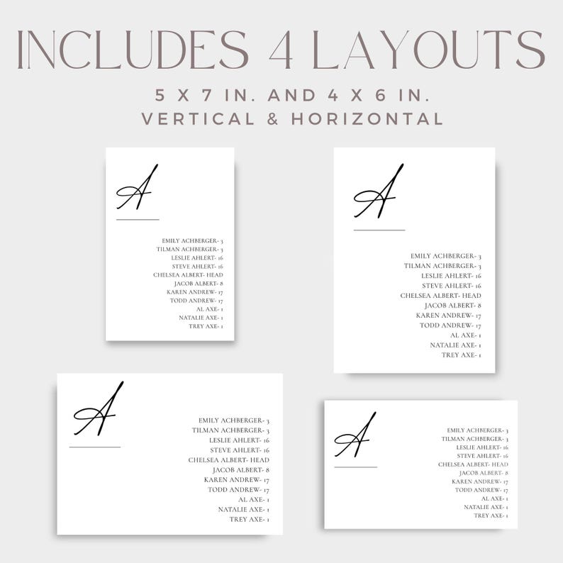 Alphabetical Seating Chart 5x7, Wedding Seating Chart Template by Last ...