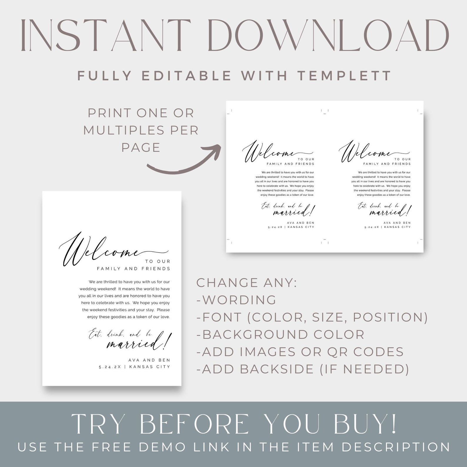 Wedding Welcome Card Template 5x7, Welcome Bag Tags Wedding Editable ...